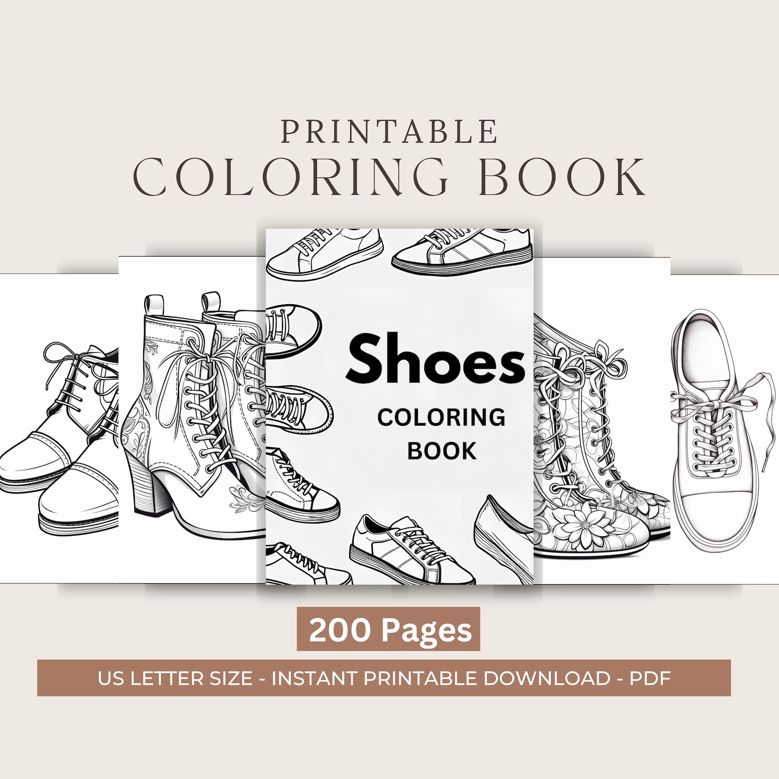 200-page Shoes Coloring Digital Book | Sneakers Footwear Designs for ...