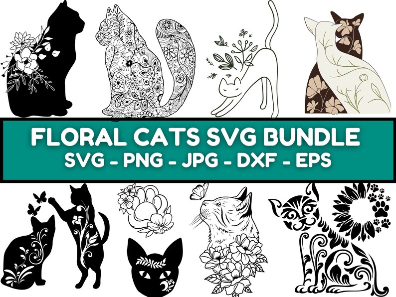 Floral Cat Svg Bundle, Cat Svg Files, Wildflower Cat Clipart, Floral ...