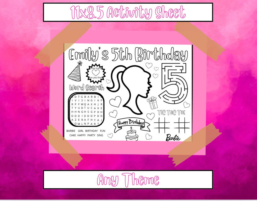 Customized ACTIVITY SHEET - Party Favor - Custom Sheet - Barbie Themed ...