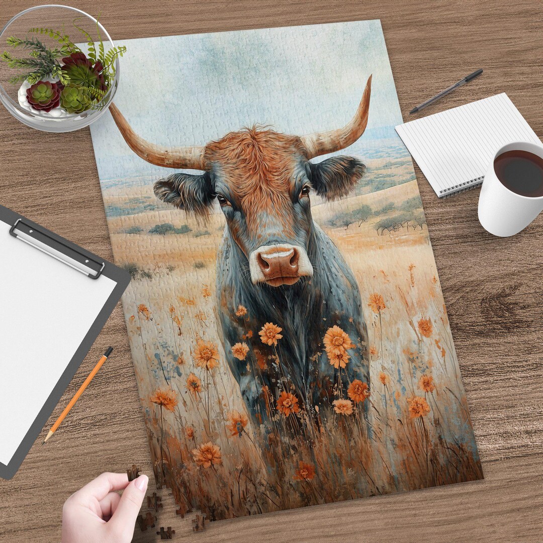 Texas Longhorn Jigsaw Puzzle | Rustic Bull Art Game | Western Farm ...