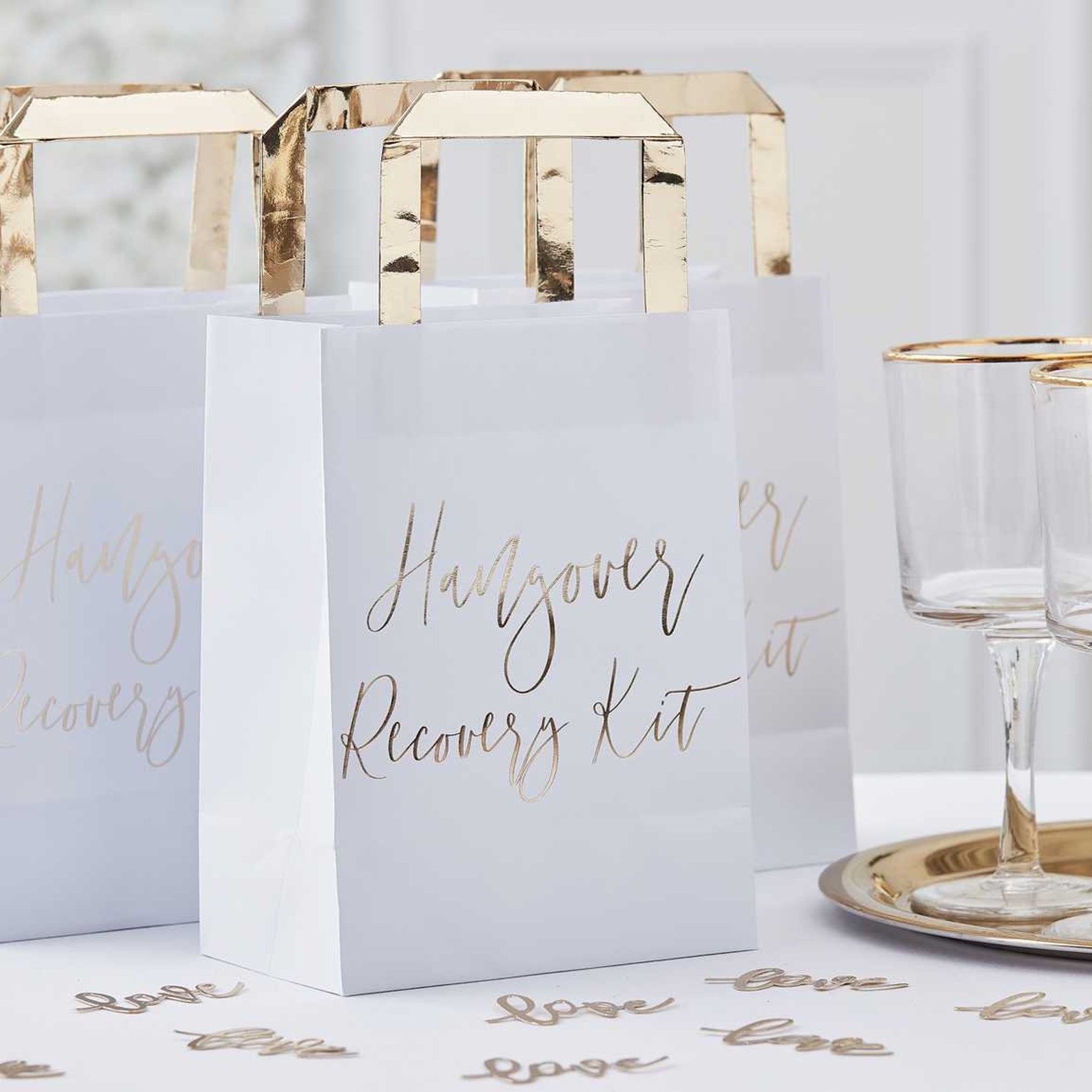 Gold & White Hangover Recovery Kit Bags Pack 5 - Party - Hen Do ...