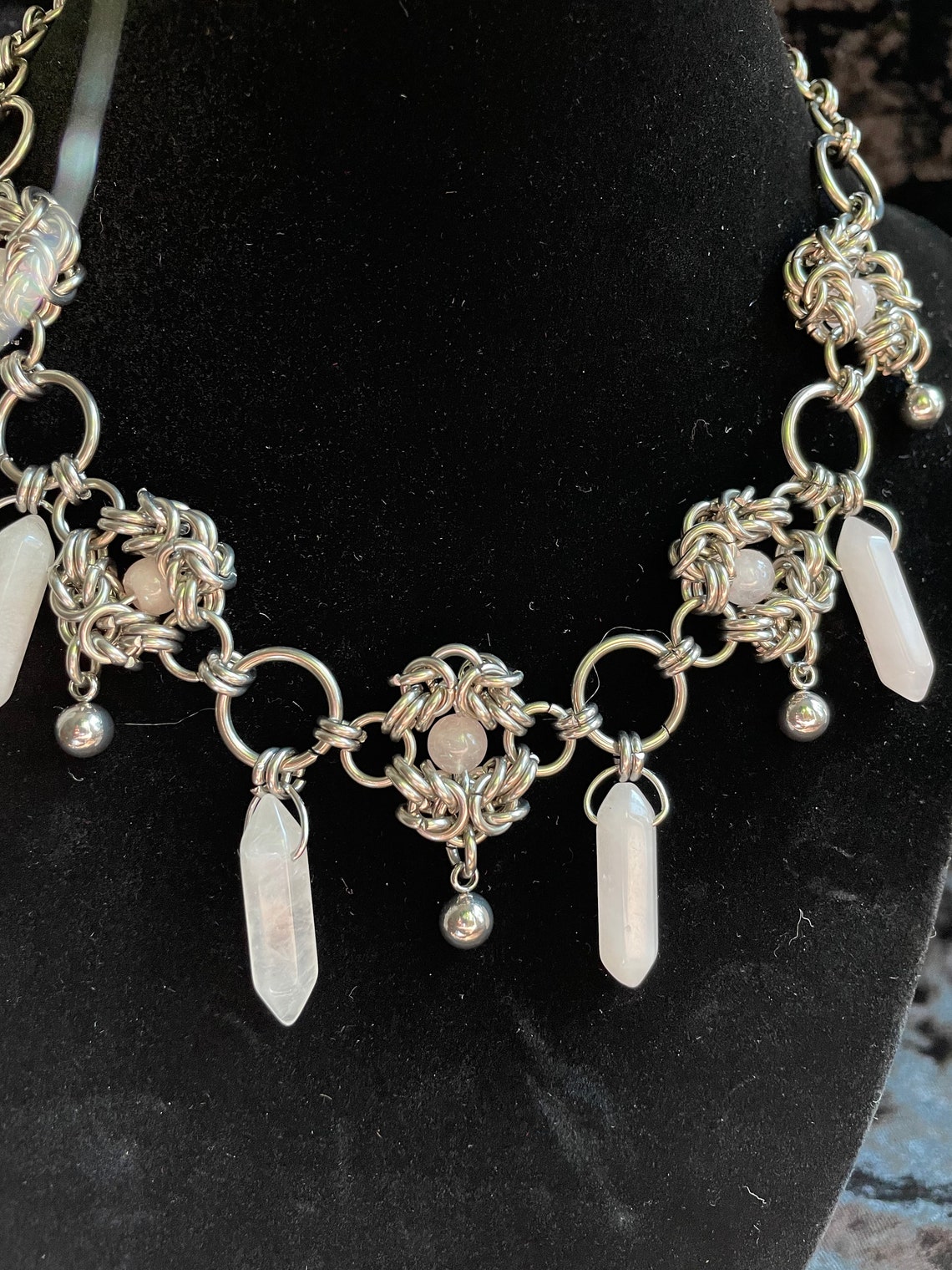 SEPHIROTH Stainless Steel Rose Quartz Point Captive Chainmail Necklace ...