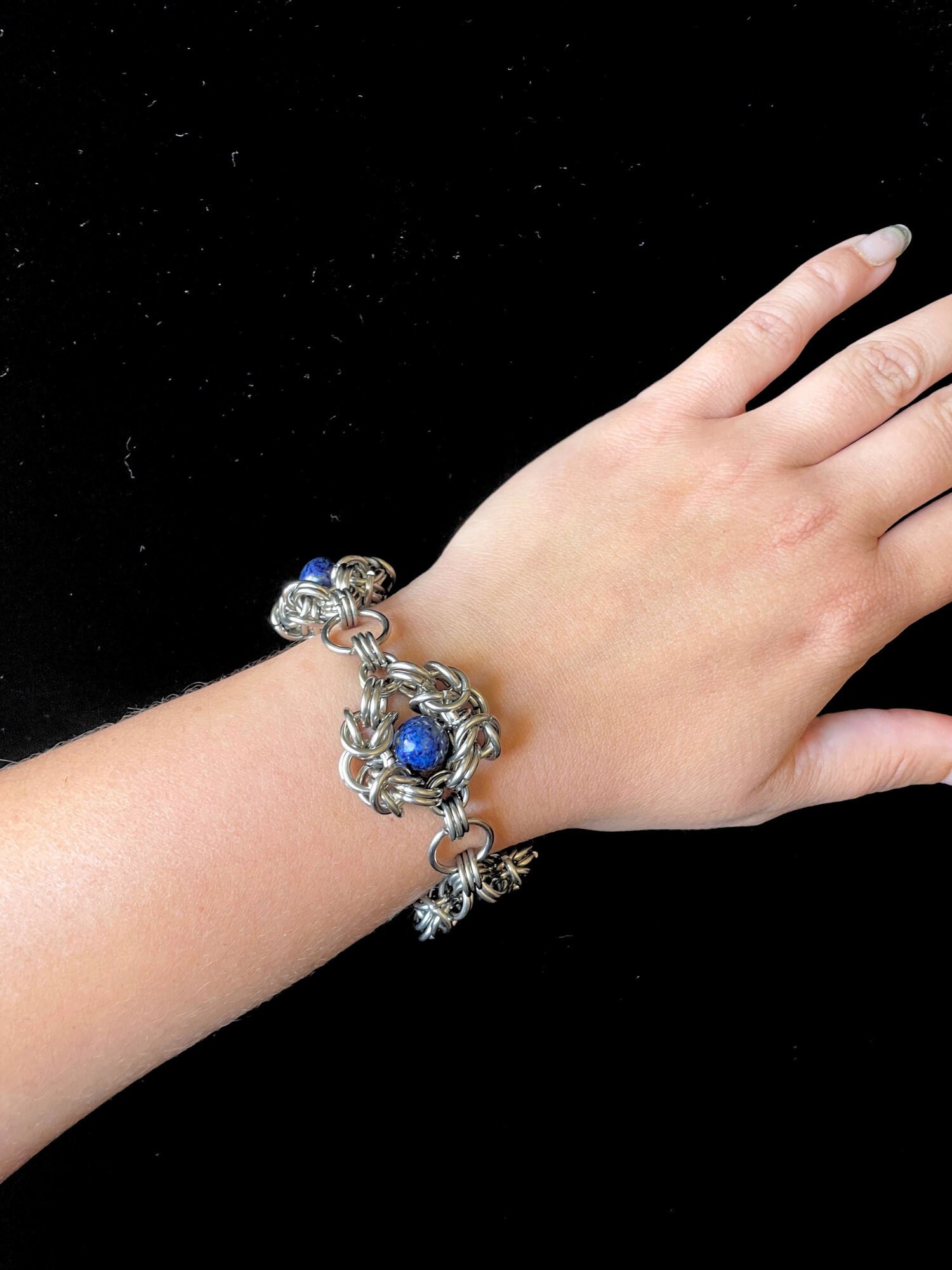 THOTH Stainless Steel Lapis Lazuli Chunky Captive O-ring Chainmail ...
