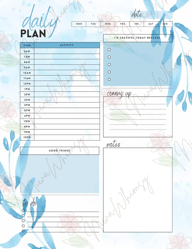 Blue Watercolor Simple Classy Printable Daily Planner, Beautiful Day ...