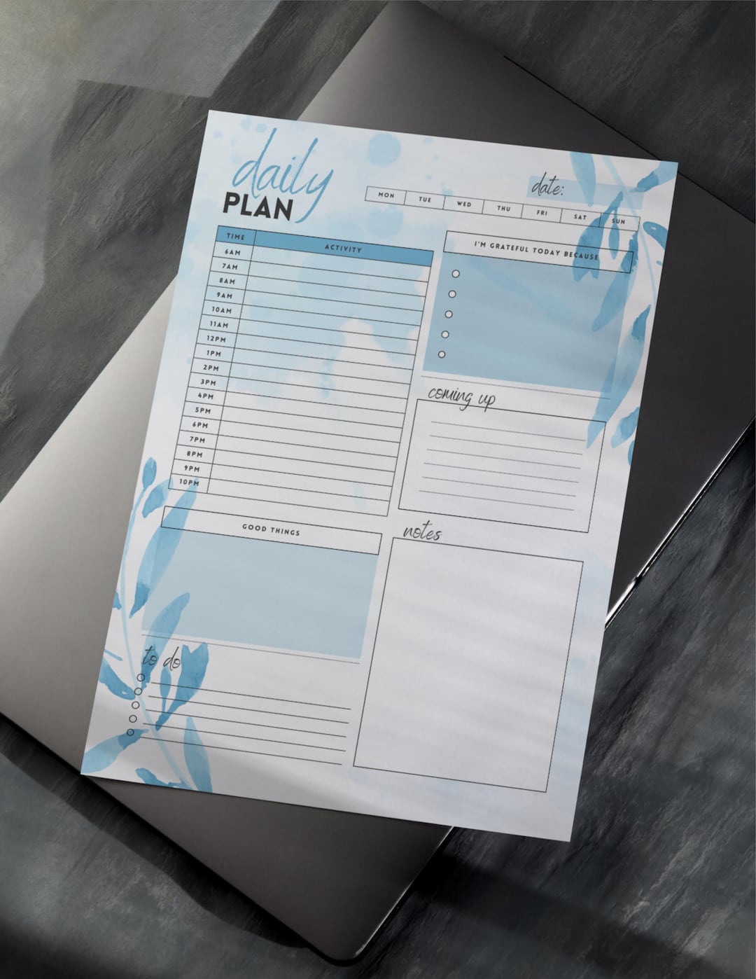 Blue Watercolor Simple Classy Printable Daily Planner, Beautiful Day ...