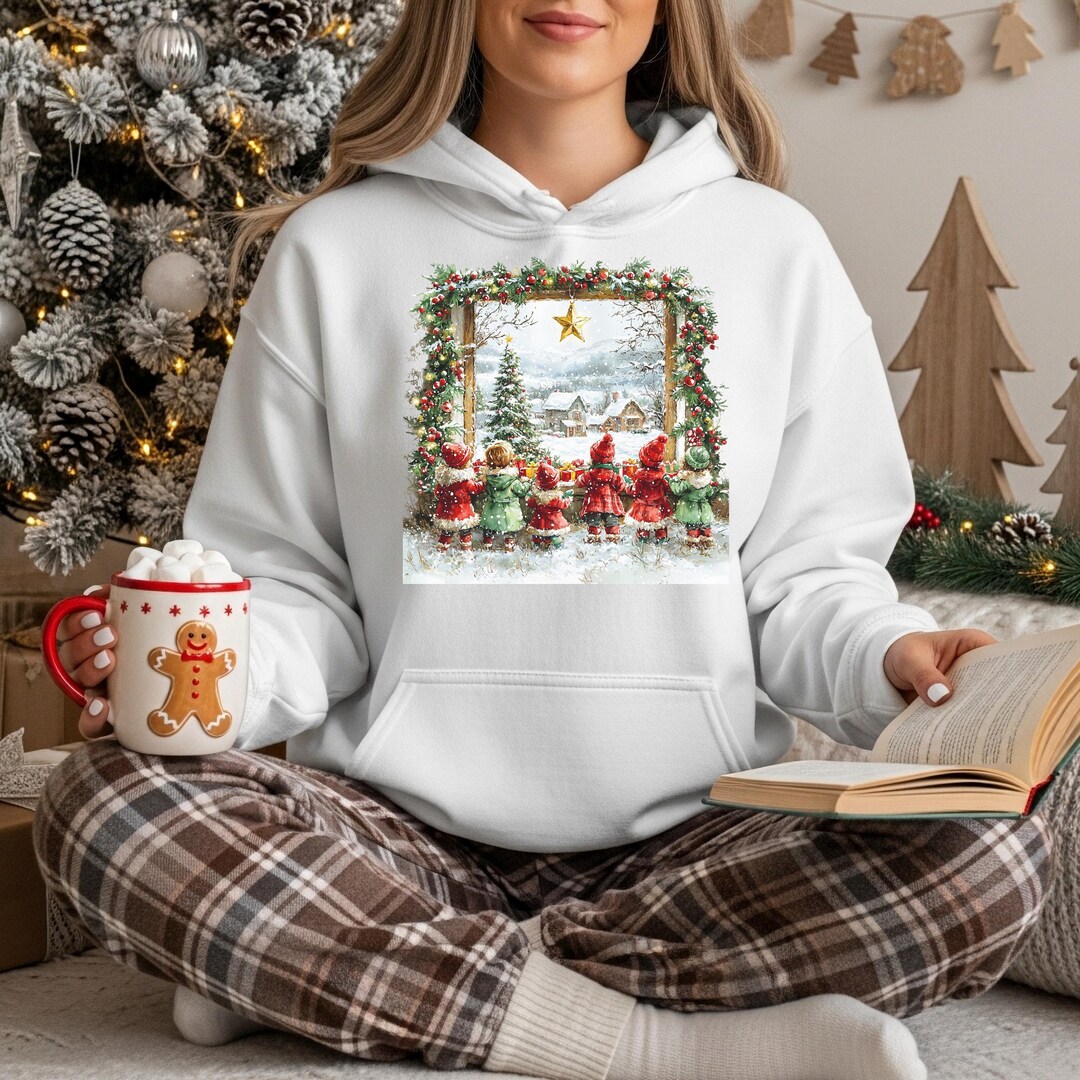 Vintage Christmas Window Hoodie Cozy Holiday Scene Top Retro Christmas ...