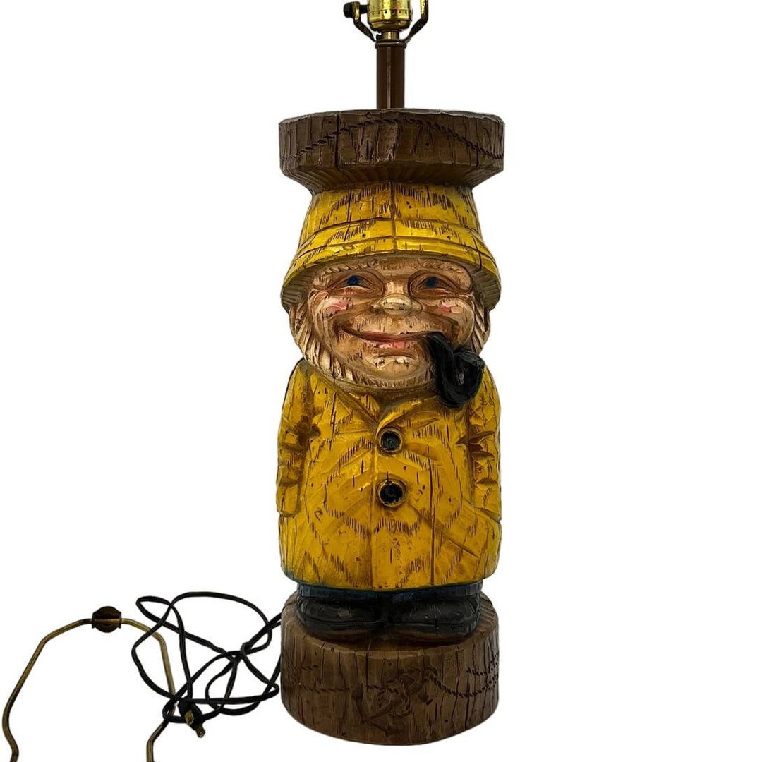 Fisherman Carved Plastic Lamp Base Yellow Sailor Nautical Vintage 70s ...