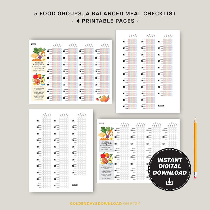 5 Food Groups Checklist Balanced Diet Daily Foods for Healthy Minds ...