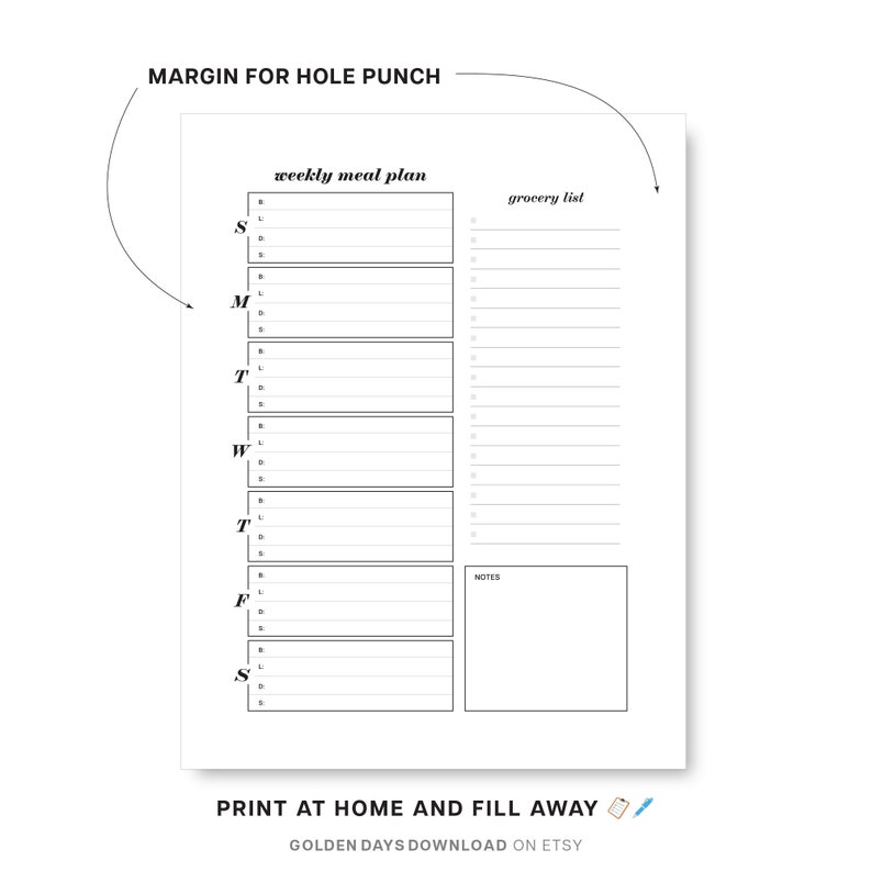Weekly Meal Planner Chart – Printable Food Plan, Grocery List, Meal ...