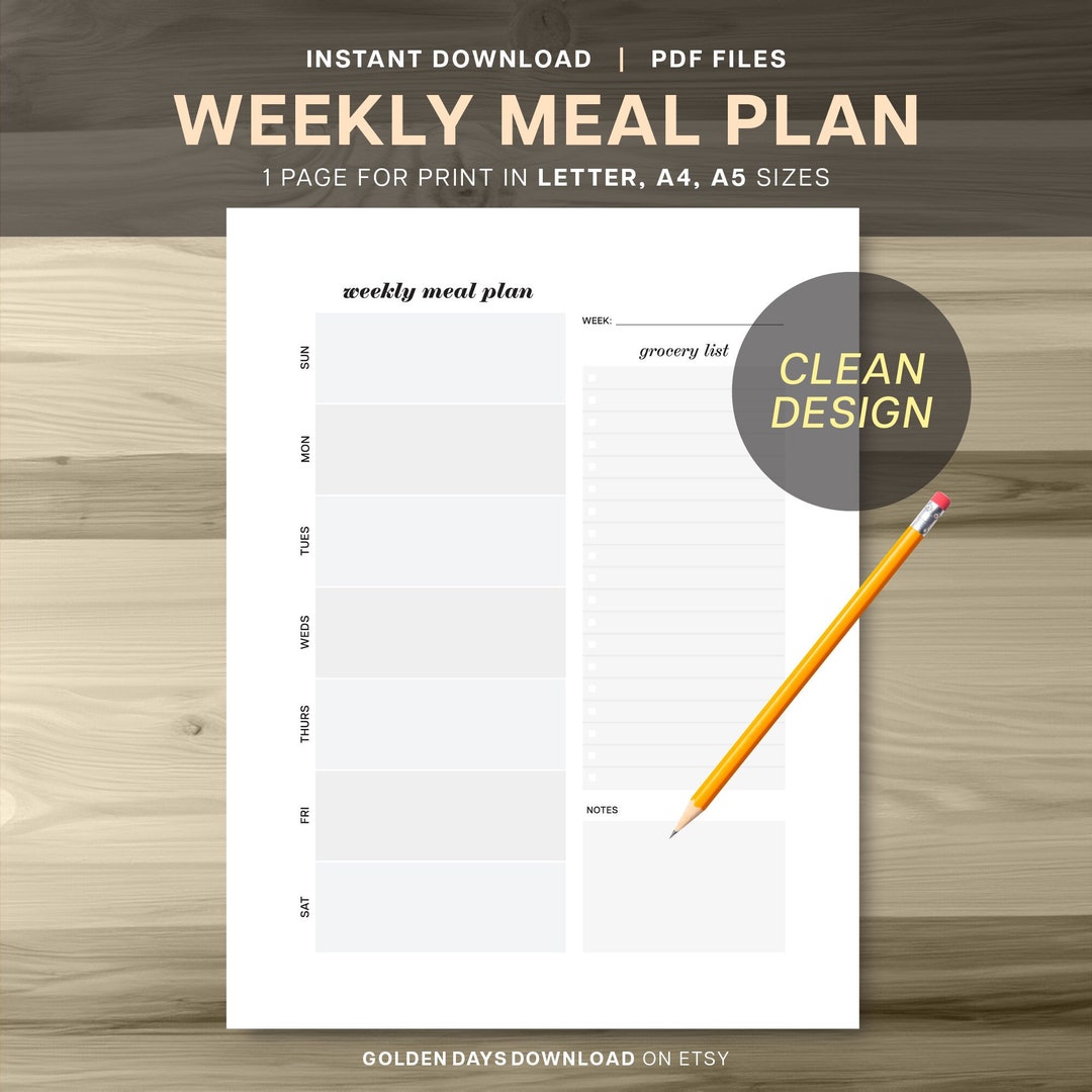 Weekly Meal Grocery Planner Printable PDF Tracking Breakfast, Lunch ...