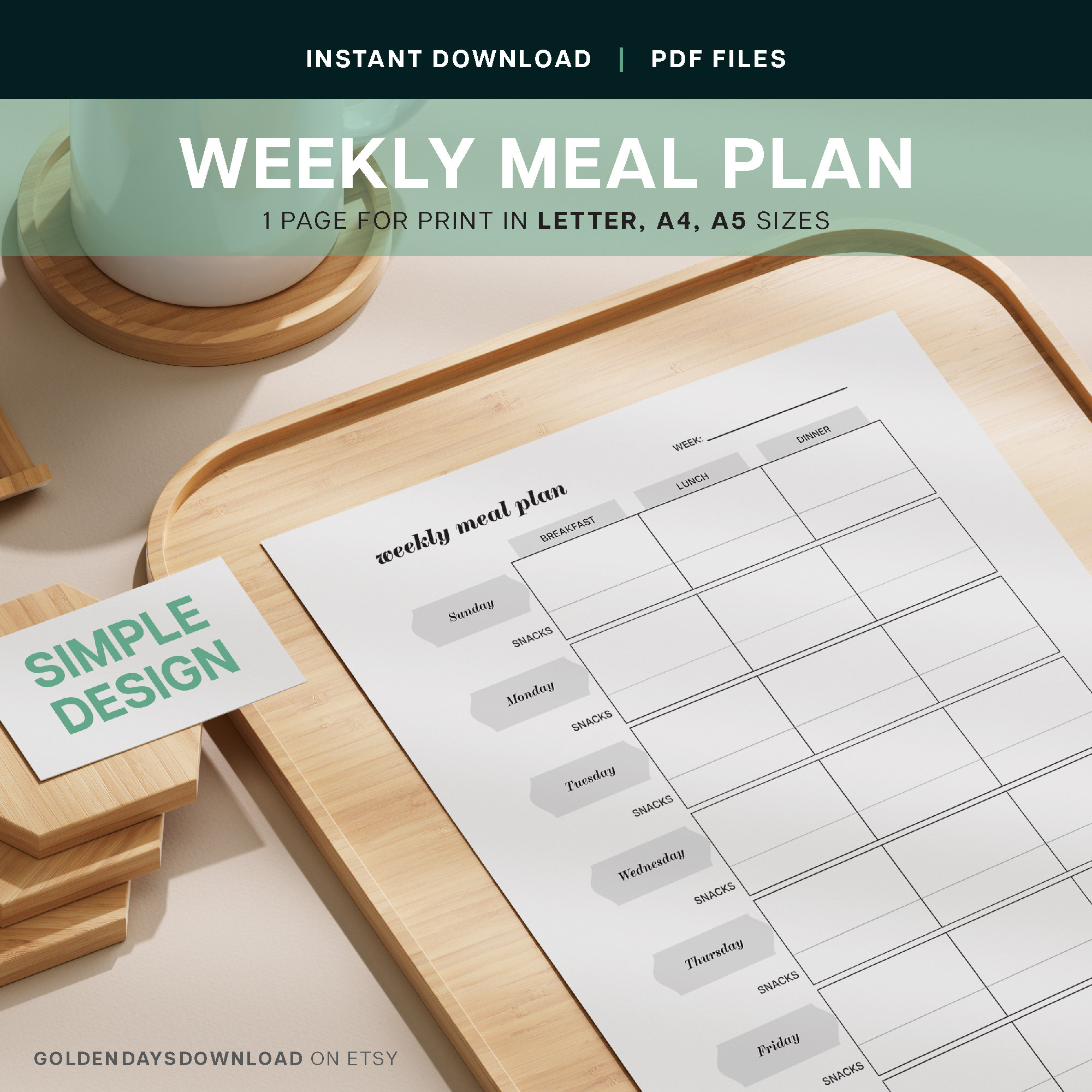 Weekly Meal Plan Food Chart Printable PDF Planner Everyday Meal Plan ...
