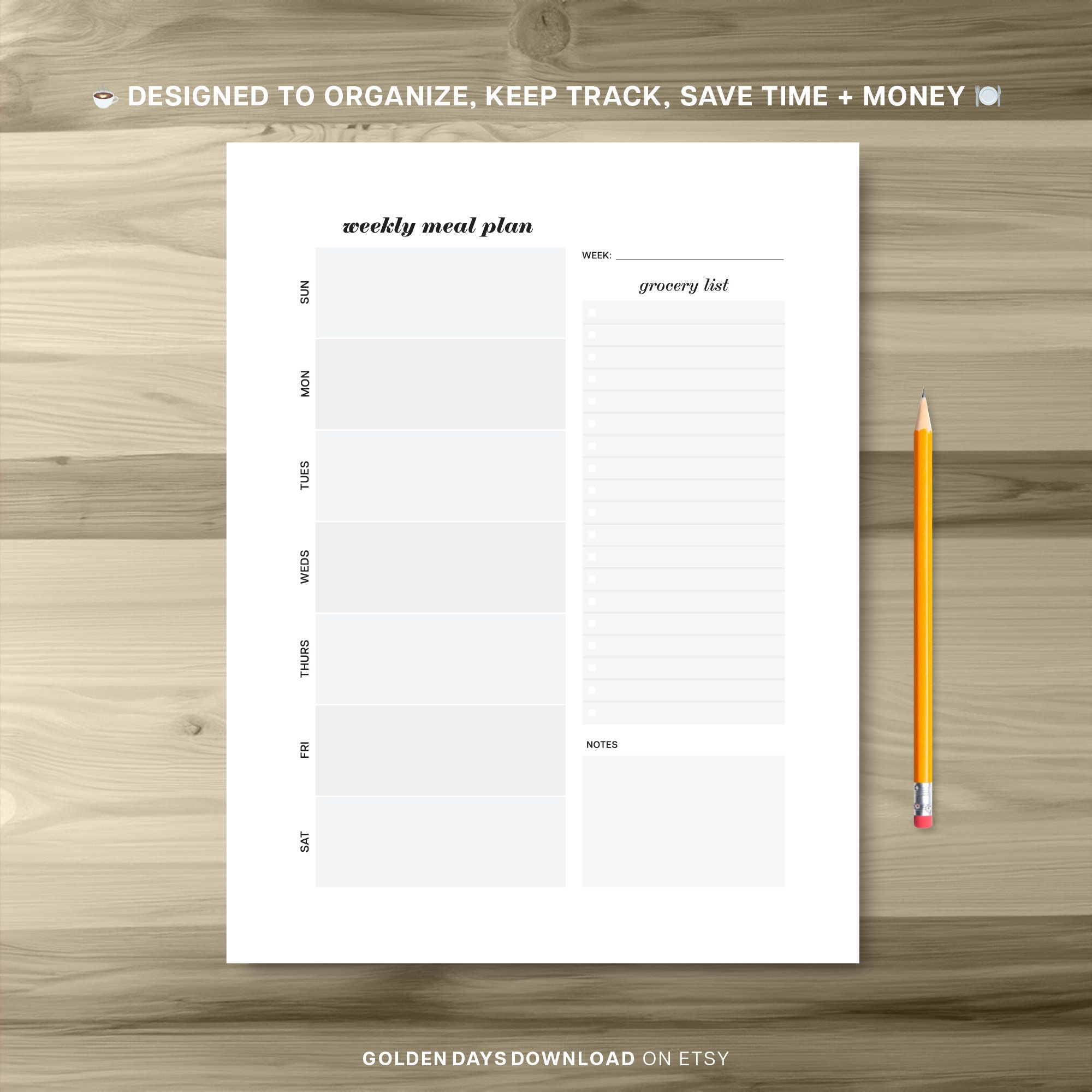 Weekly Meal Food Plan Grocery List Chart Printable PDF Planner Everyday ...