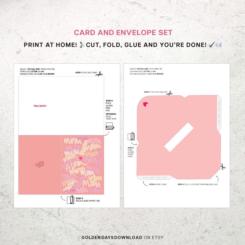DIY Mom Card & Envelope Set | Printable I Love You Card Template | Pink ...