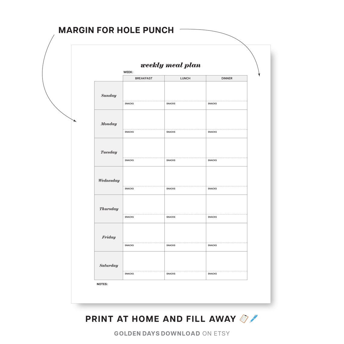 Weekly Meal Food Plan Chart Printable PDF Planner Everyday Meal Goals ...