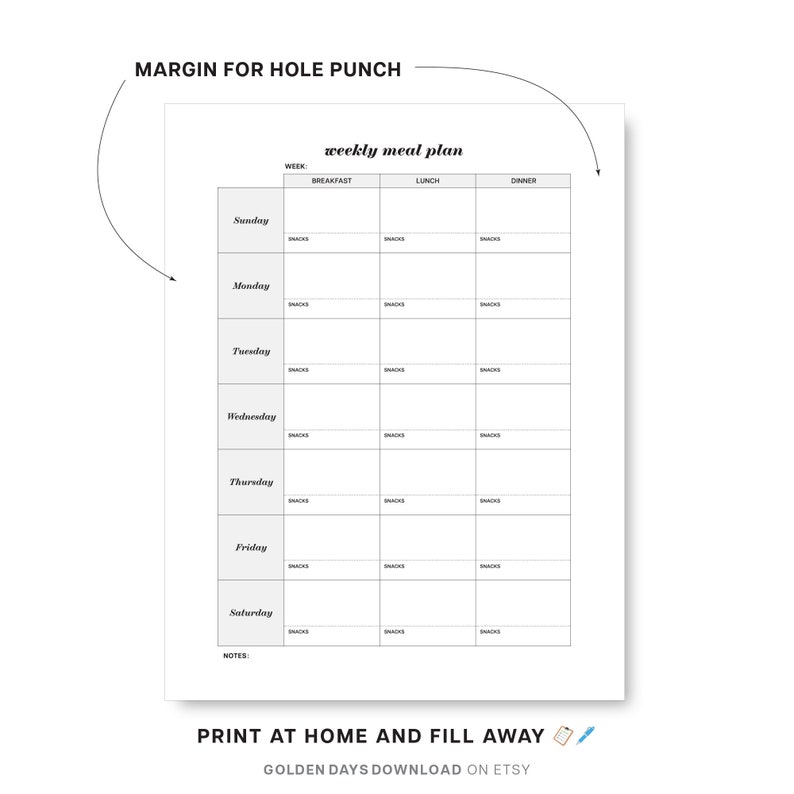 Weekly Meal Food Plan Chart Printable PDF Planner Everyday Meal Goals ...