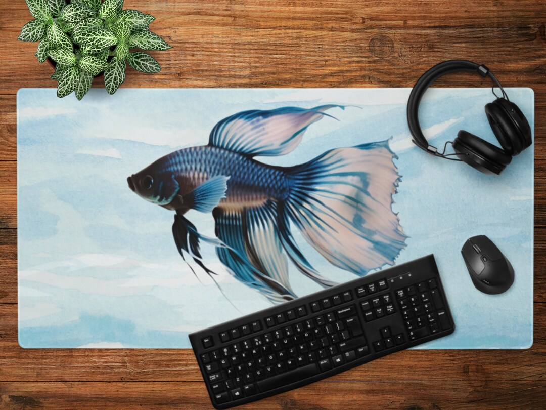 Blue Betta Fish Mouse Pad, Fish Tank Motif Watercolor Desk Pad, Gaming ...