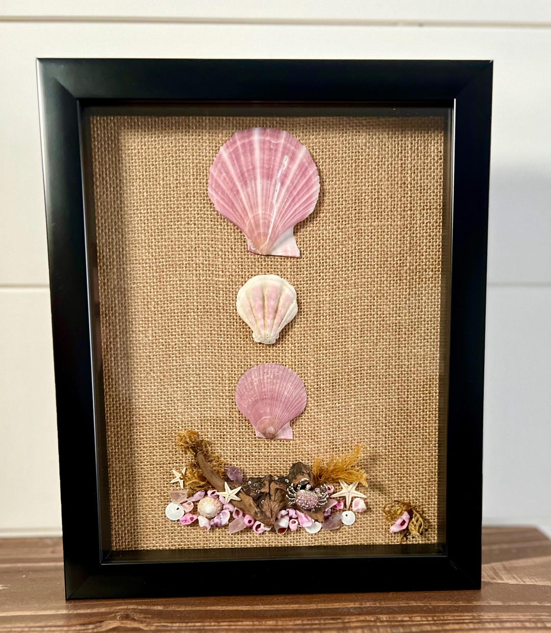 Pink Crab Coastal Collage | Driftwood, Shells, Starfish Ocean Art (11x9 ...