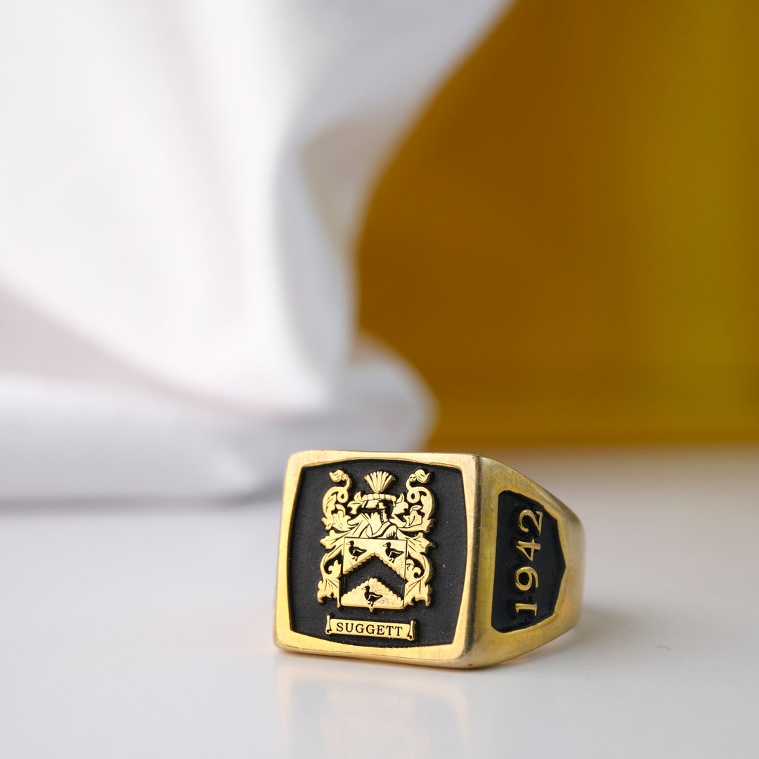 Personalized Family Crest Signet Ring Custom Gold Plated Silver Men's ...