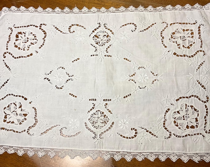 Antique White Linen Cutwork & Lace Table Runner / Dresser Scarf – Hand ...