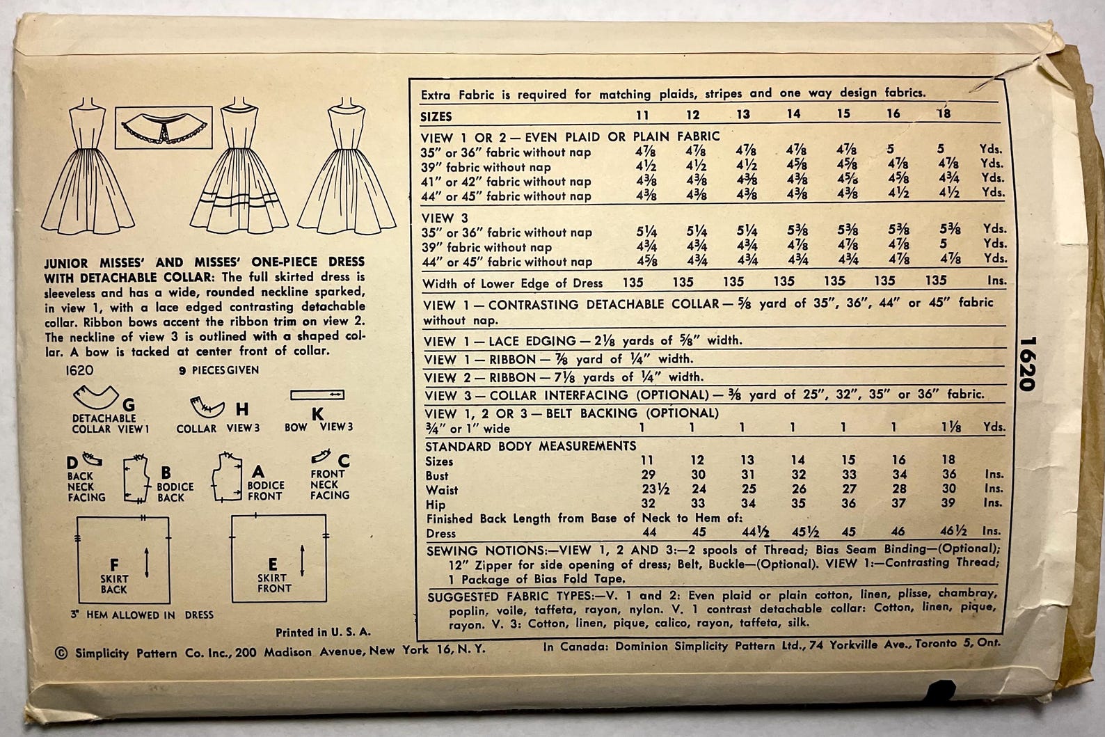 1956 Simplicity Pattern 1620 – Full Skirt Dress With Detachable Collar ...