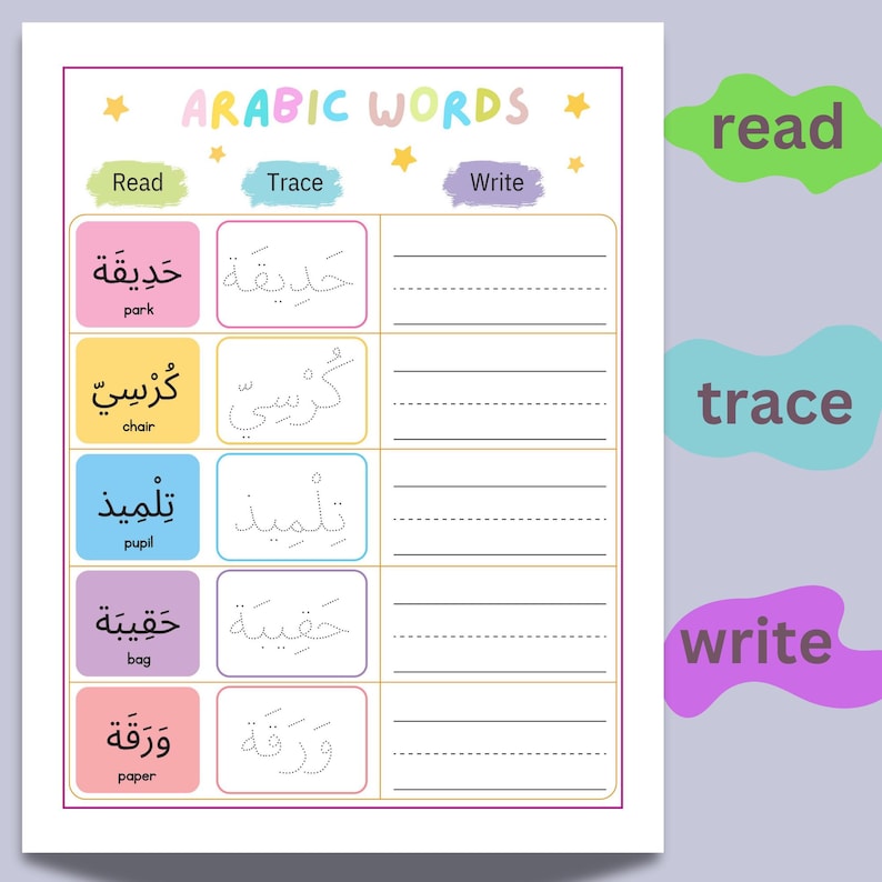 Arabic Words With English Meaning for Kids Reading Tracing Writing ...