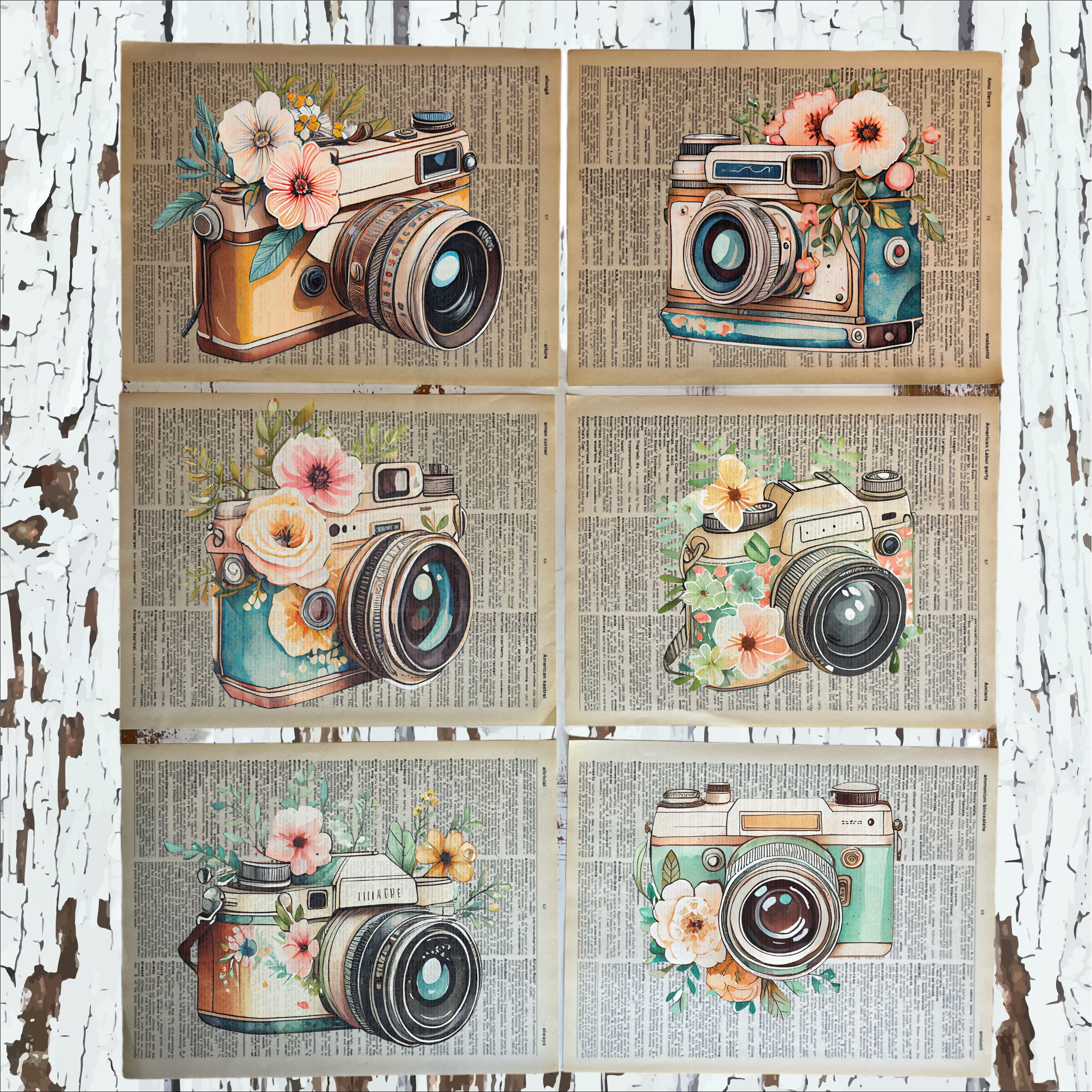 Vintage Camera Themed Dictionary Prints Floral Watercolor Design ...