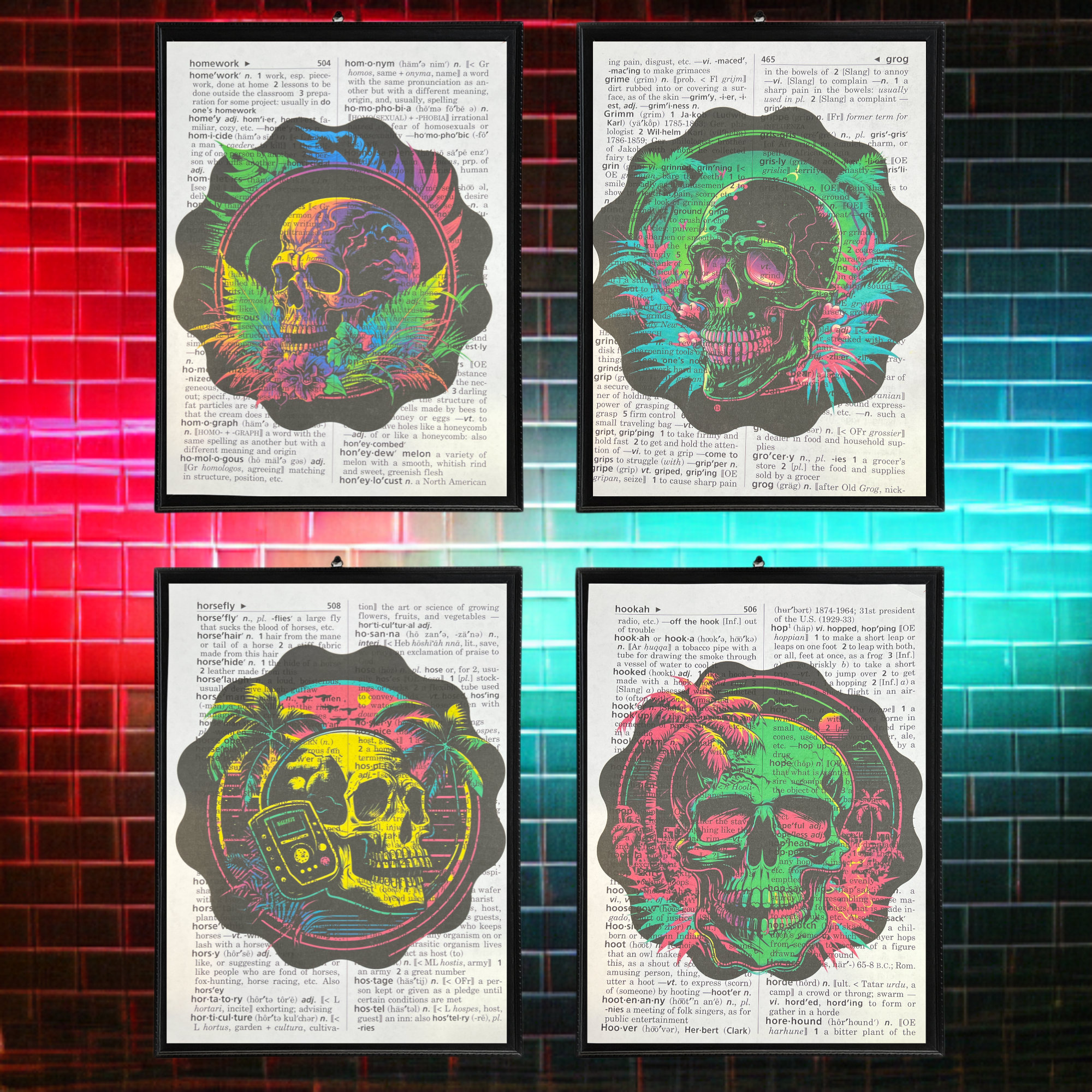 Neon Skull Dictionary Prints Floral Neon Skull Art Floral - Etsy