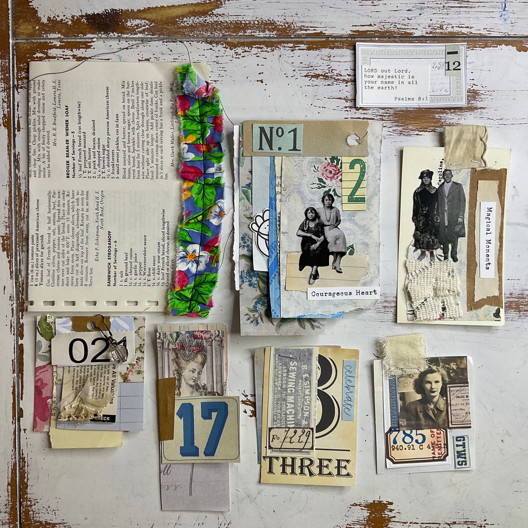 Set 8 Handmade Journal Ephemera Pieces Stacked Journal Cards Tags