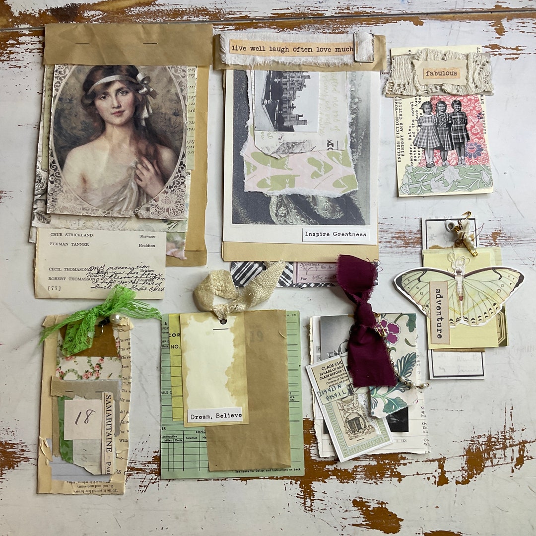 Set 8 Handmade Journal Ephemera Pieces, Stacked Journal Cards, Tags ...