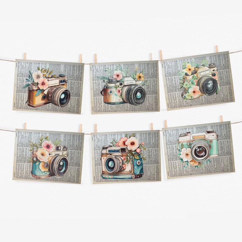 Vintage Camera Themed Dictionary Prints Floral Watercolor Design ...