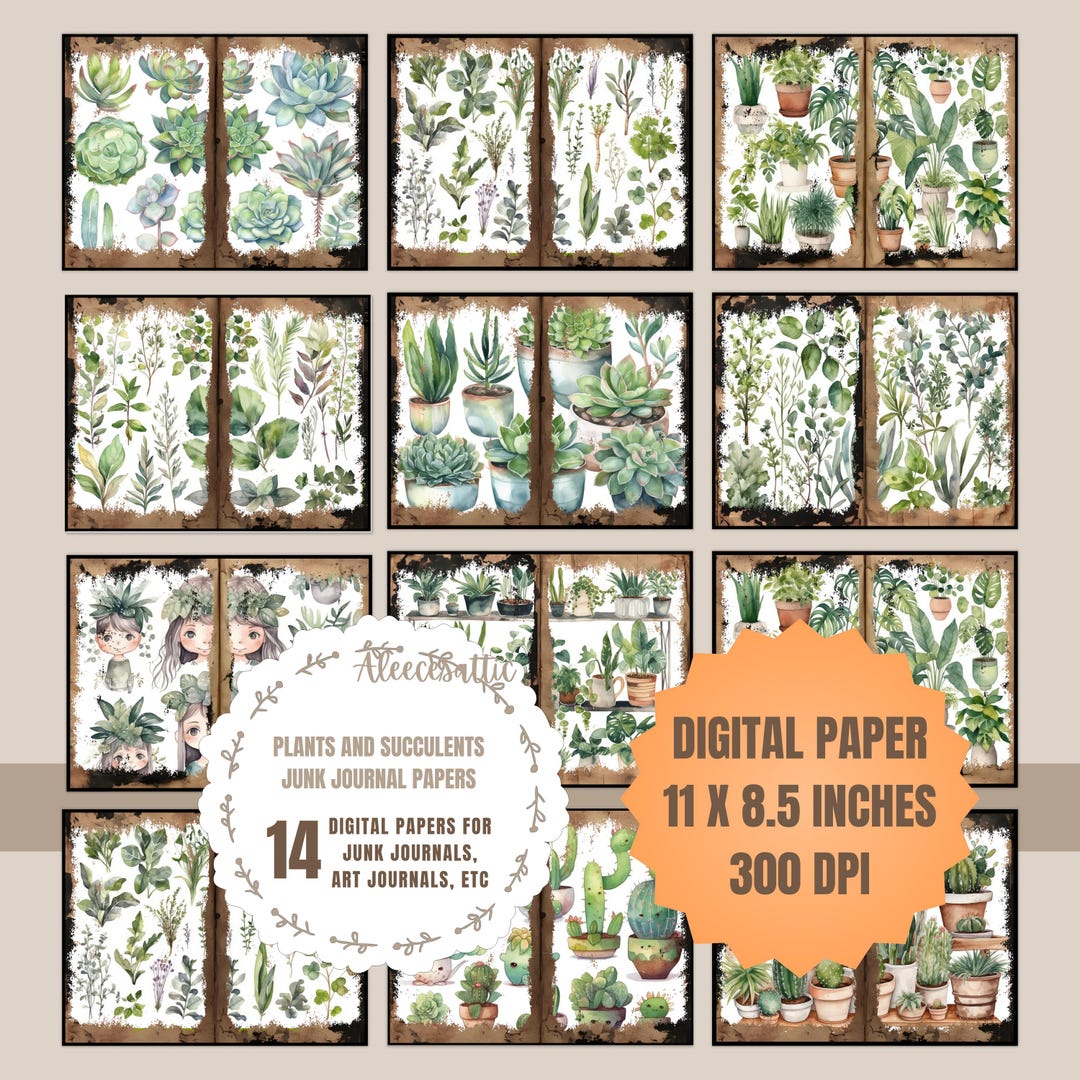 Succulent Botanical Junk Journal Kit • 14 Digital Papers • Vintage ...