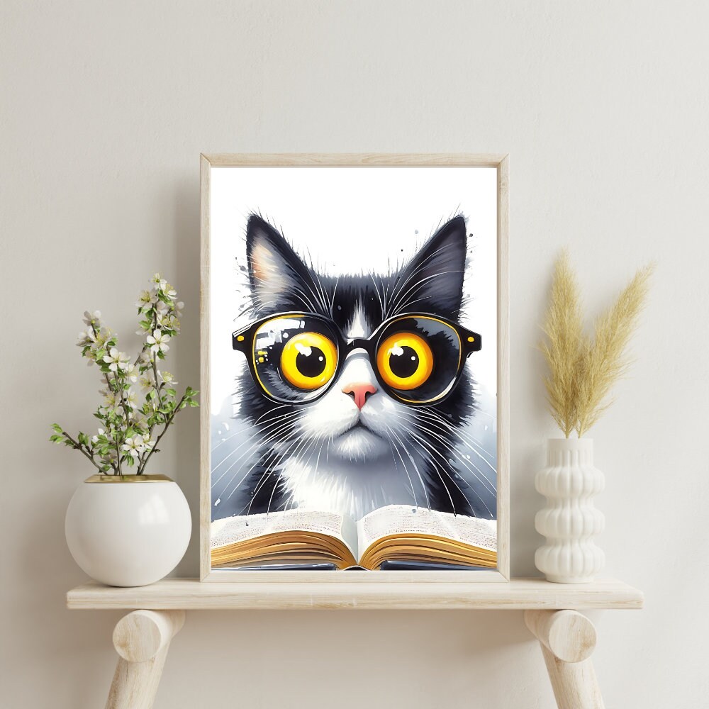 Cute Cat Reading A Book Print Cute Cat Print Digital Download Library ...