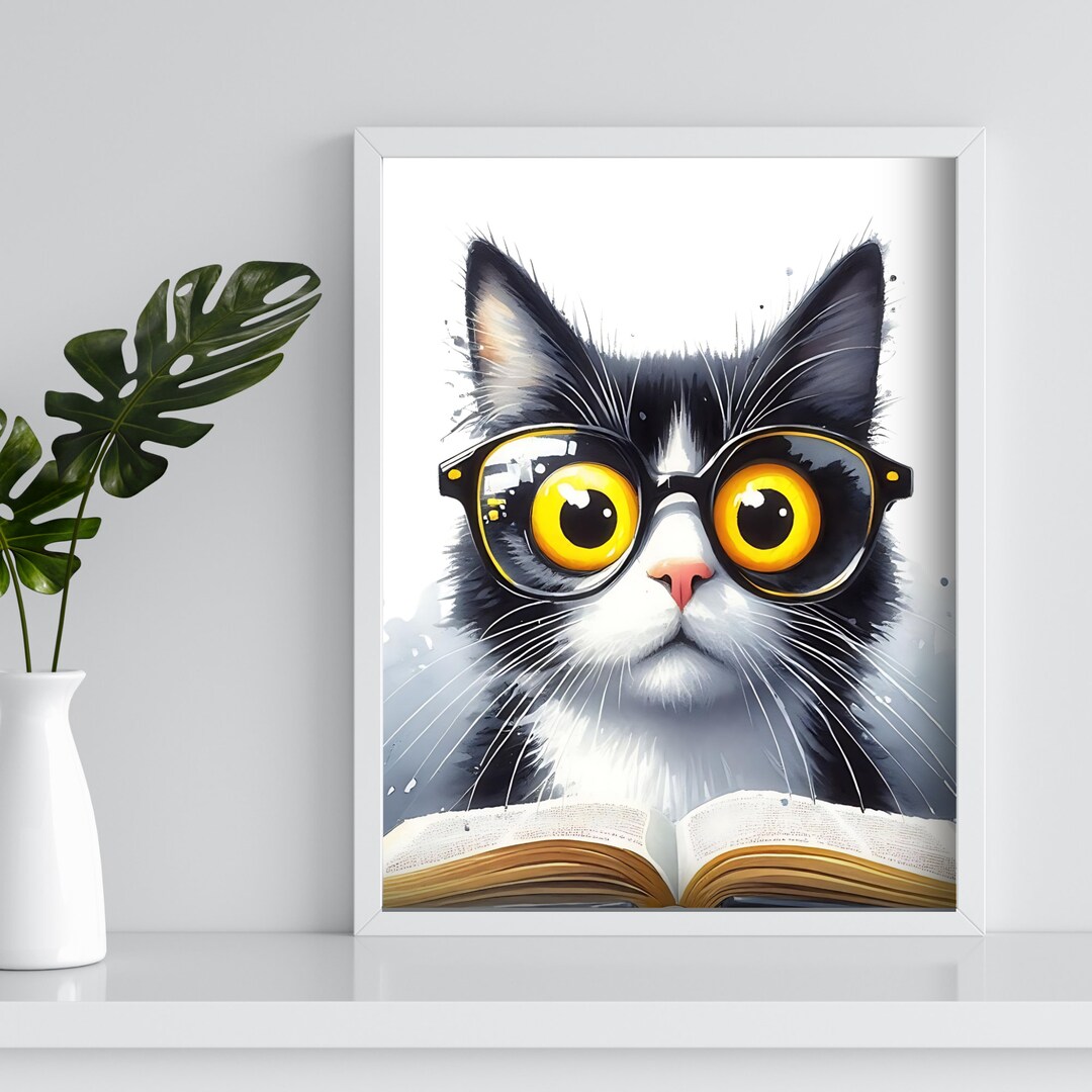 Cute Cat Reading A Book Print Cute Cat Print Digital Download Library ...