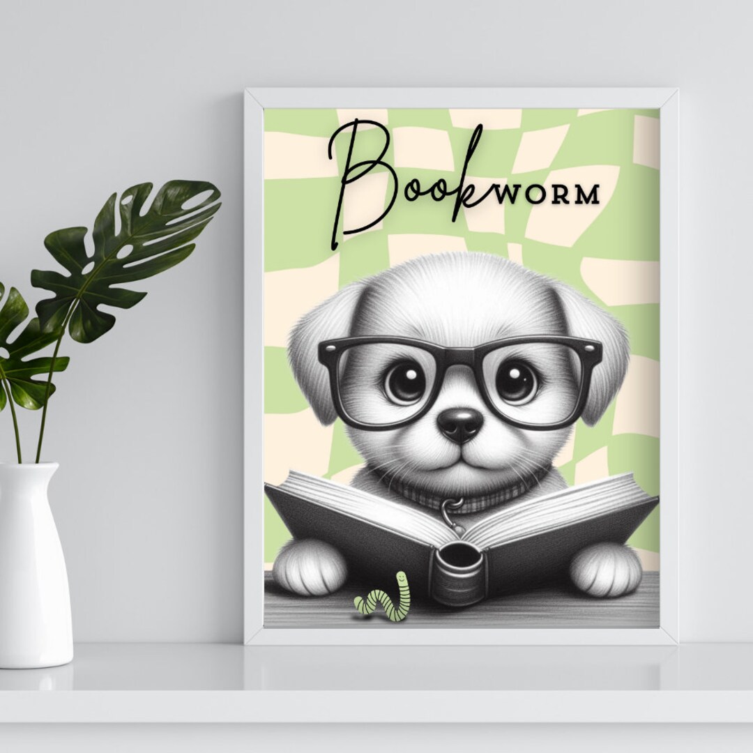 Cute Dog Reading A Book Print Cute Dog Print Digital Download Library ...
