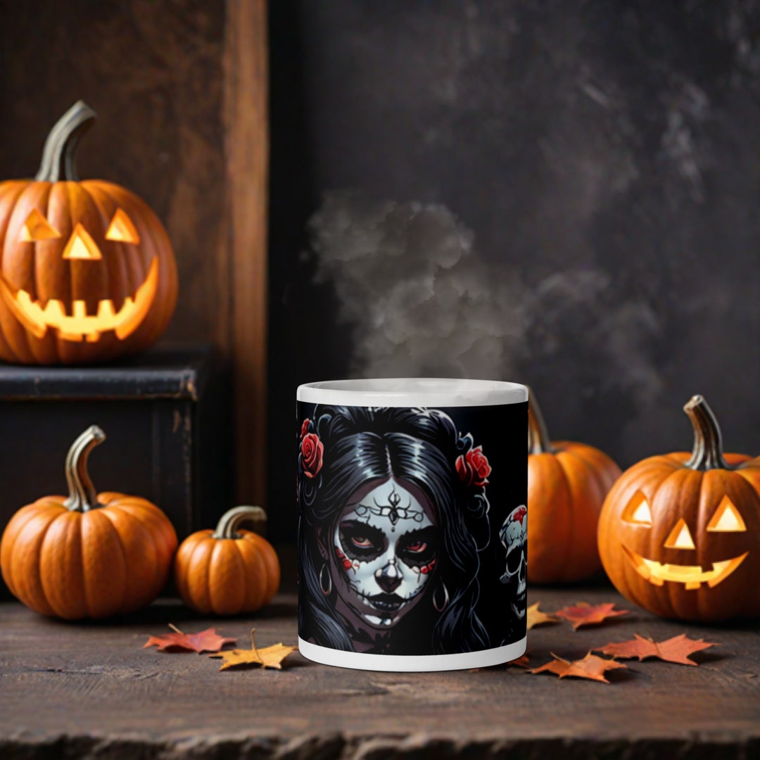 Red Roses Catrina Candy Skull Girl Day of the Dead White Glossy Mug Cup ...
