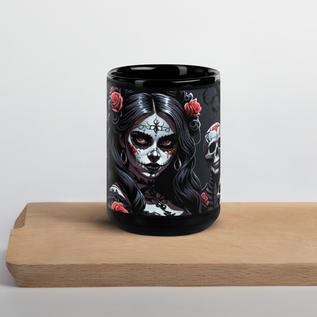 Red Roses Catrina Candy Skull Girl Day of the Dead Black Glossy Mug Cup ...