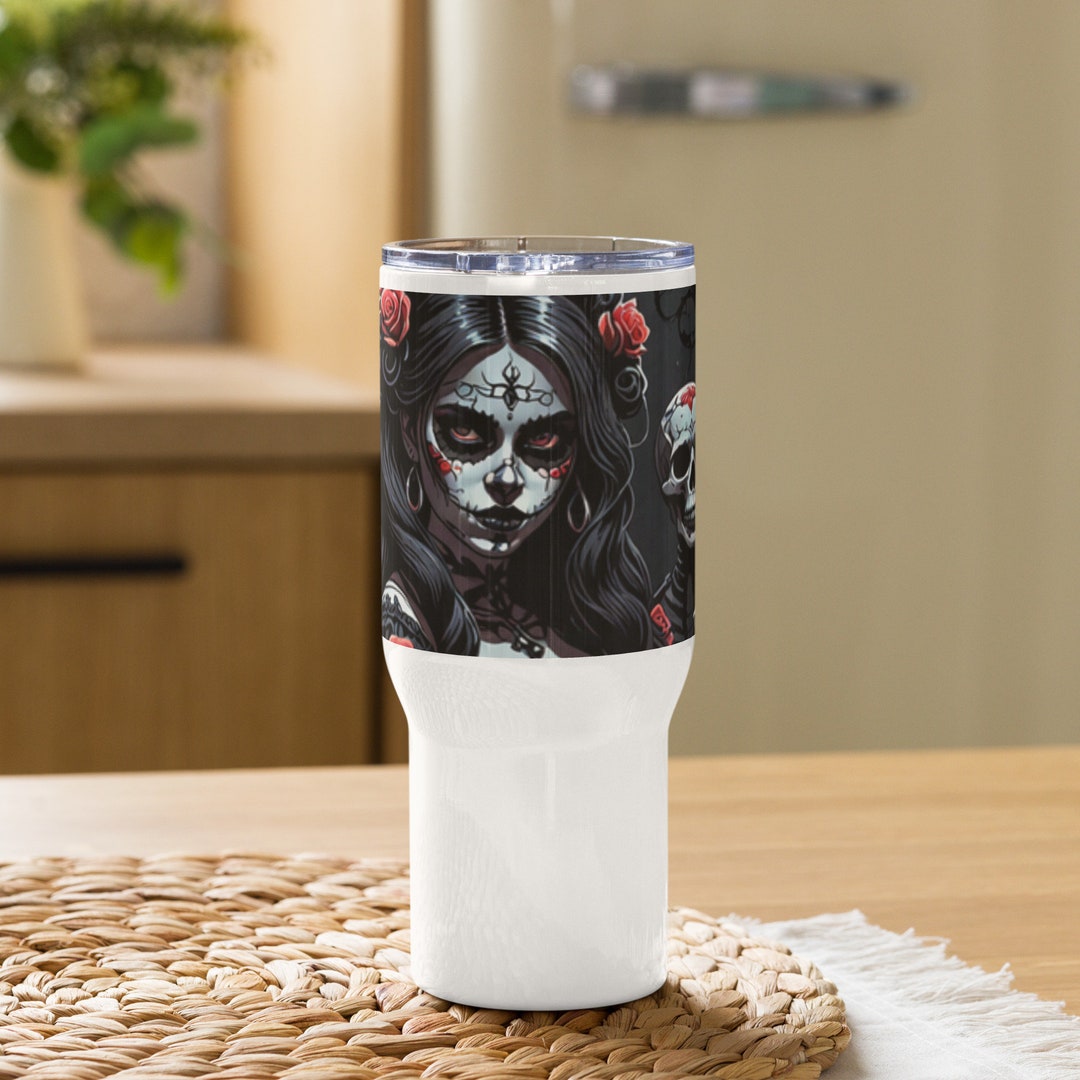 Red Roses Catrina Candy Skull Girl Day of the Dead White Travel Mug ...