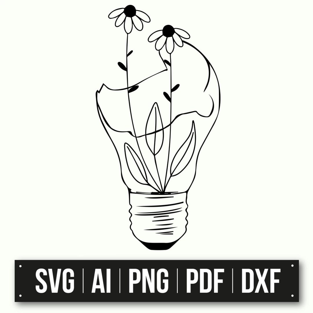 Floral Lightbulb SVG | Minimalist Flower Illustration | Black and White ...