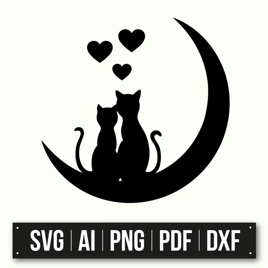 Cat Silhouette on Crescent Moon | Romantic Cats With Hearts | Cat ...