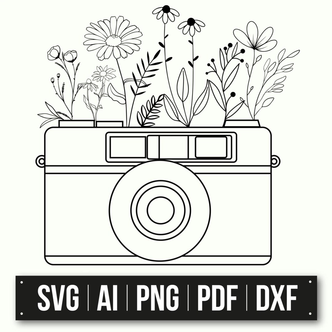 Camera Flower Design | Botanical Camera Art | Black and White Clipart ...