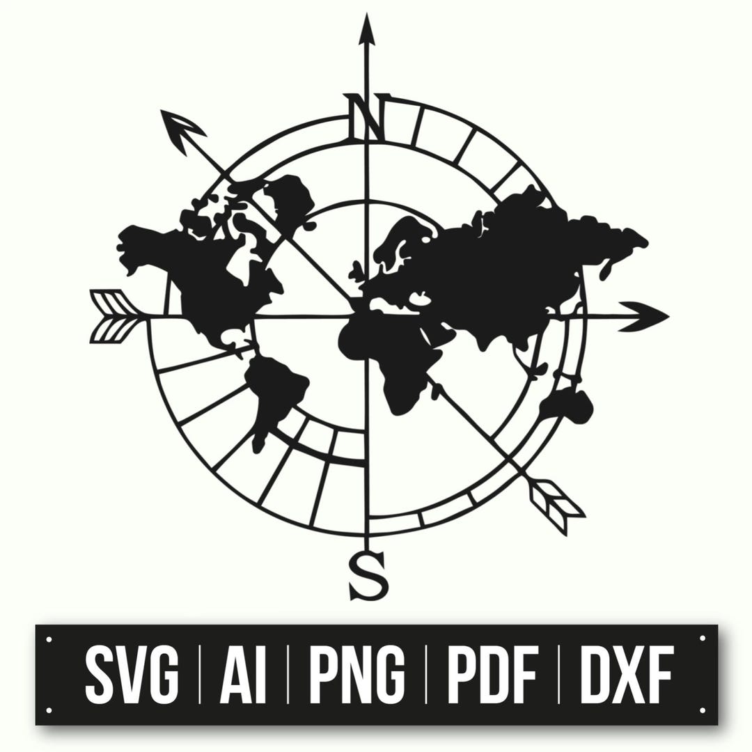 World Map With Compass | Vector Art for DIY Projects | Instant Download ...