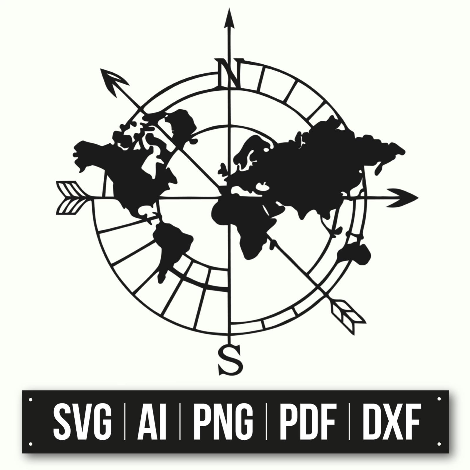 World Map With Compass | Vector Art for DIY Projects | Instant Download ...