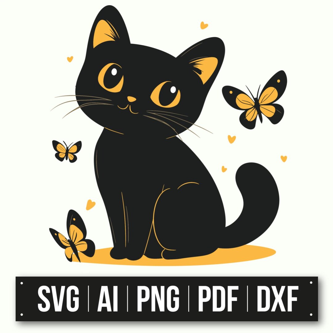 Cute Cat Illustration | Black Cat Art With Butterflies | Instant ...