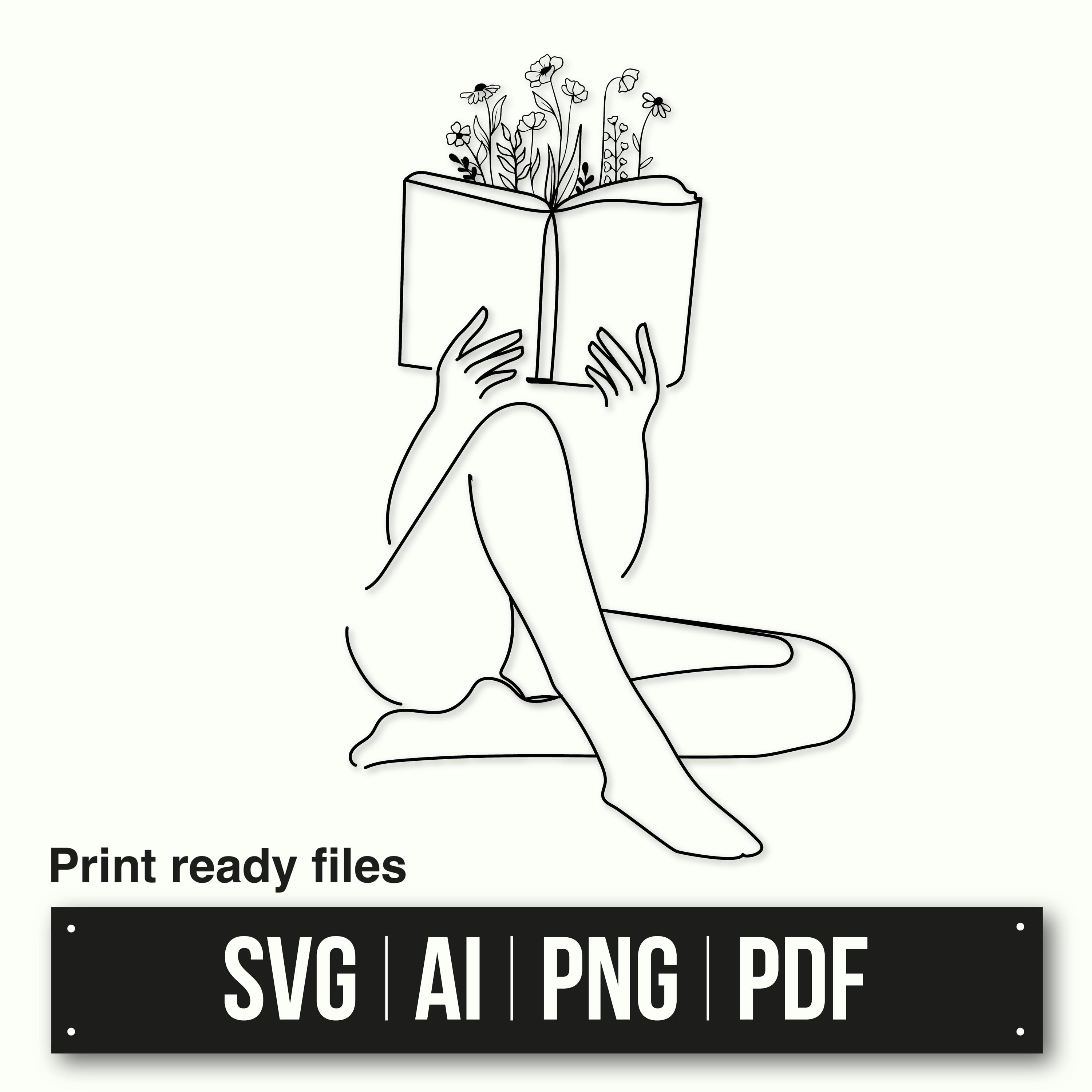 Minimalist Line Art | Girl With Book SVG | Floral Illustration ...