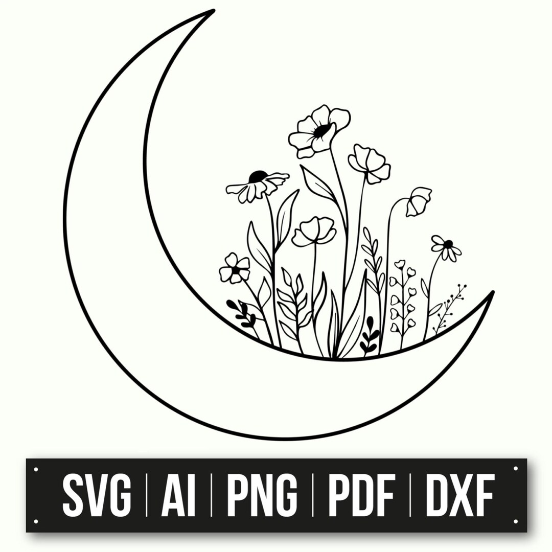 Crescent Moon and Flowers Design | Minimalist Line Art | Floral SVG ...