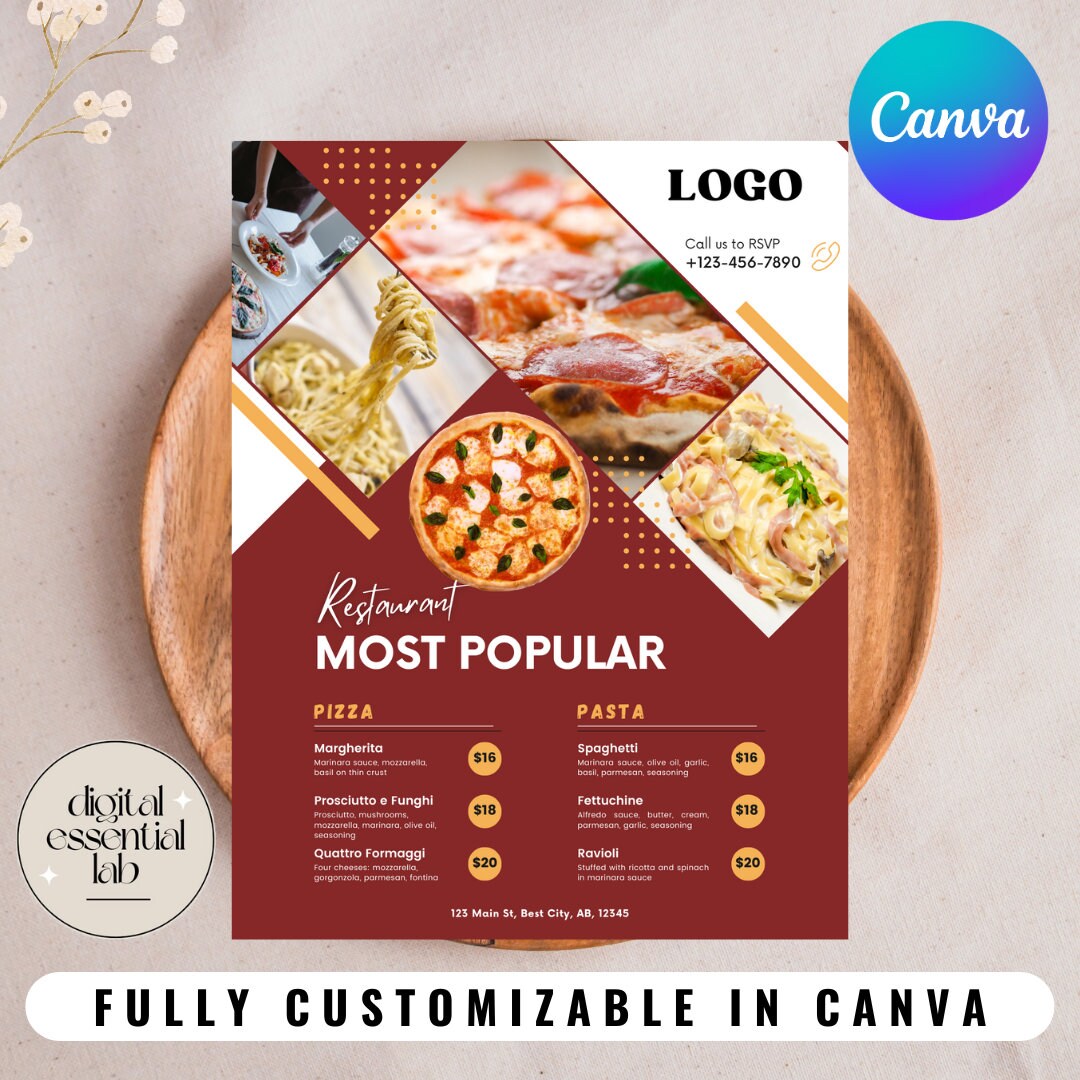 Digital Editable Food Menu Flyer for Restaurants Fully Customizable ...