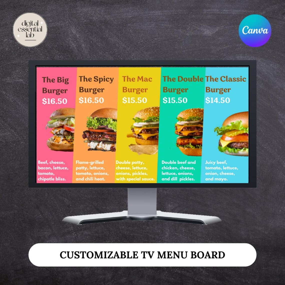 Digital TV Menu Board for Restaurant Burgers Food USB Fully Editable ...