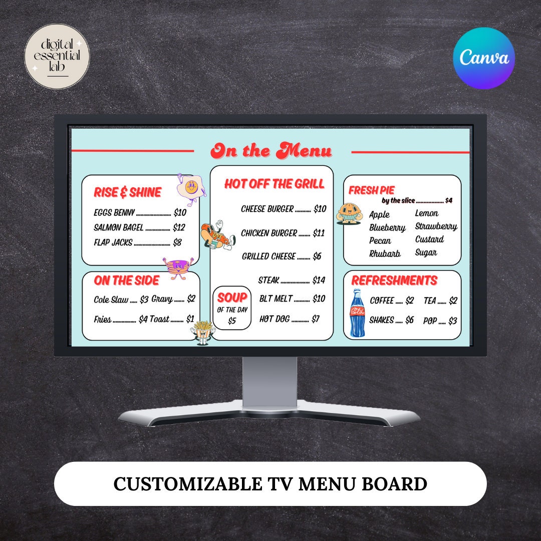 Retro Diner TV Menu Board for Restaurants Editable With Canva DIY ...