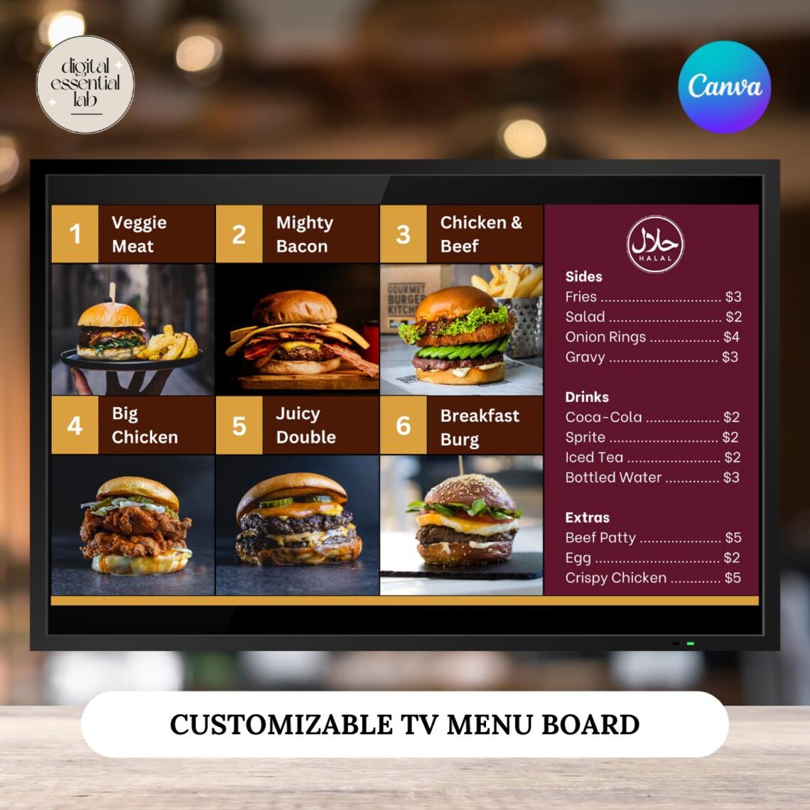 Digital TV Menu Board for Restaurant Burgers Food USB Fully Editable ...