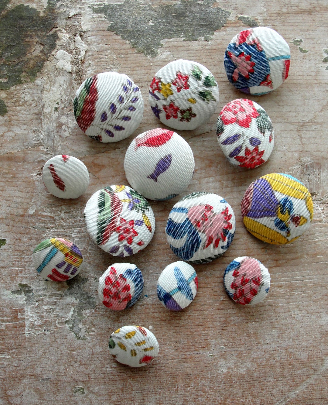 Fabric Covered Buttons - Vintage Hand Printed Silk - 14pc - Etsy